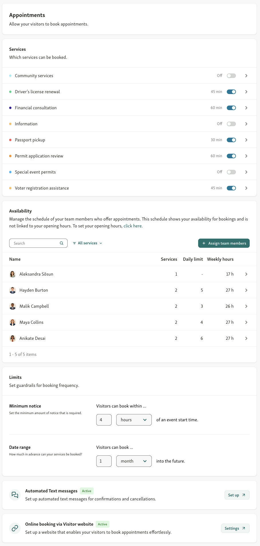 Appointments settings overview